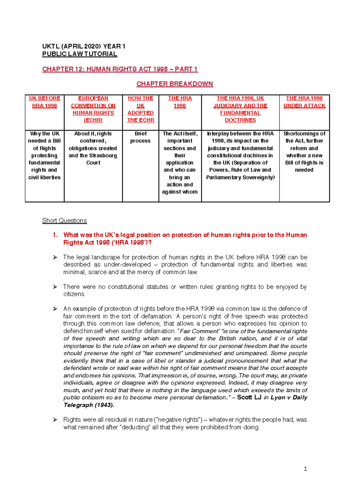 Ch12 Human Rights Act 1998 Tutorial - UKTL (APRIL 2020) YEAR 1 PUBLIC ...