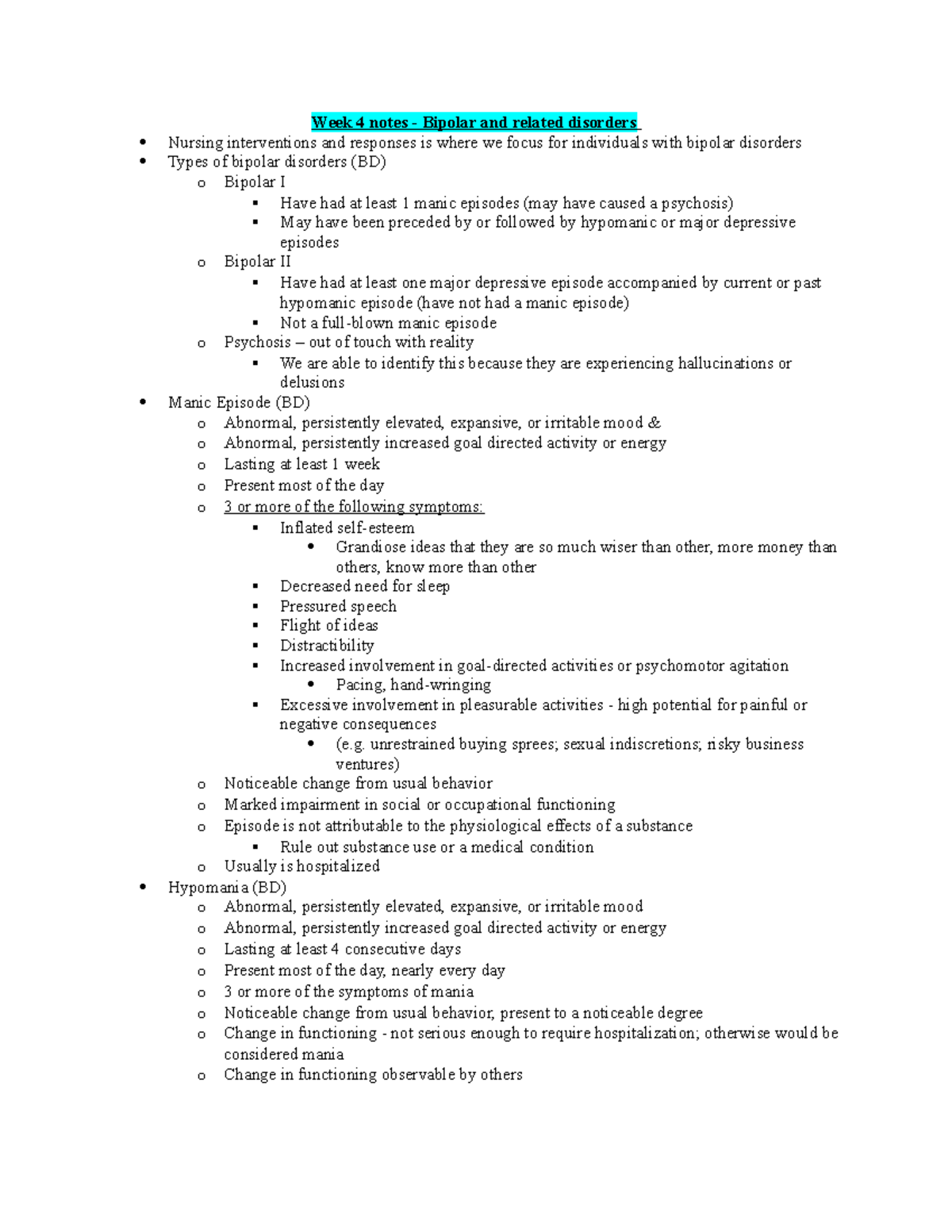 Week 4 - 7 notes - Week 4 notes - Bipolar and related disorders Nursing ...