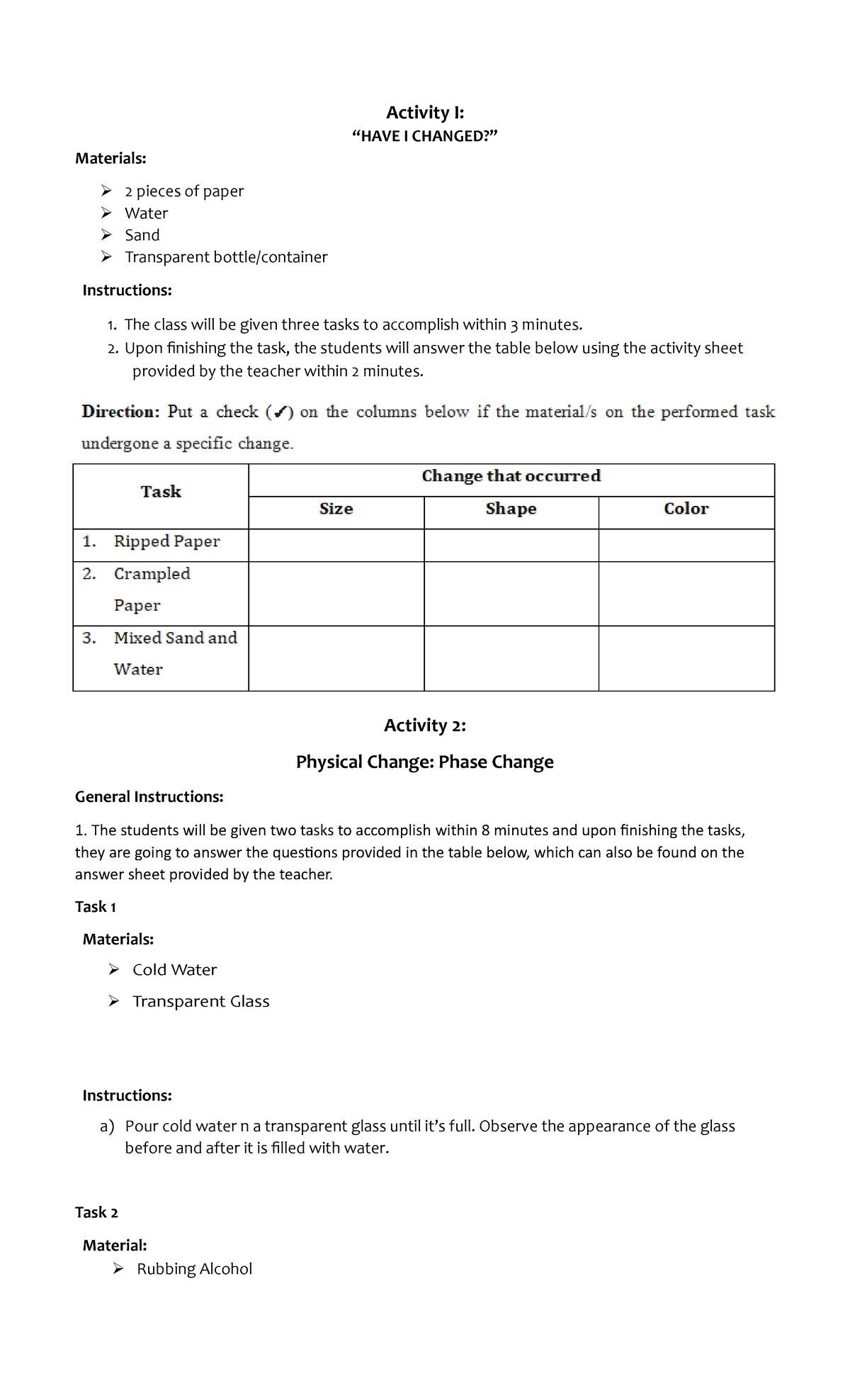 Activity-I-LAb - Properties of Matter - Activity I: “HAVE I CHANGED ...