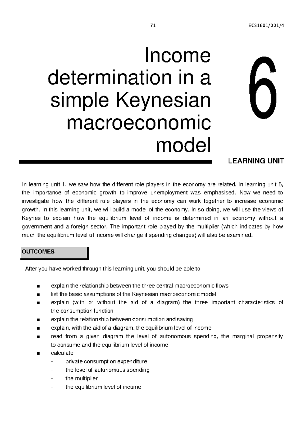 Unit+6 - Lecture notes 6 - Income determination in a simple Keynesian ...