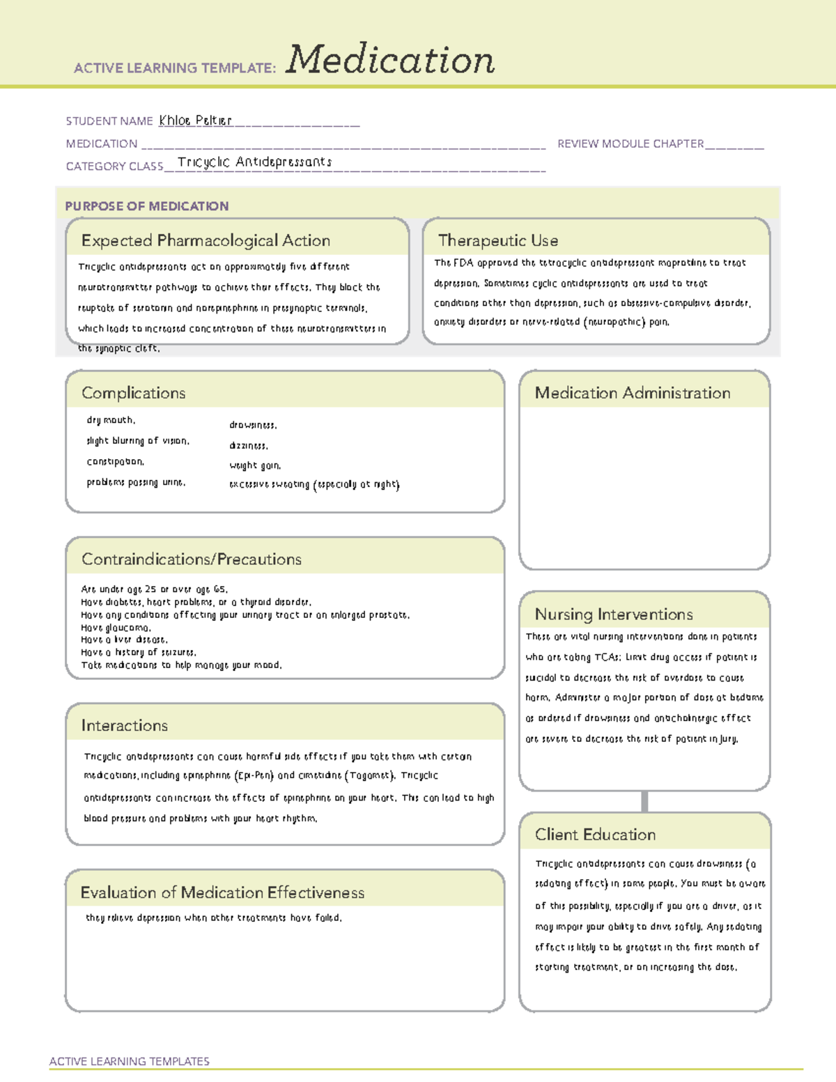 Tricyclics - Medication Card - ACTIVE LEARNING TEMPLATES Medication ...