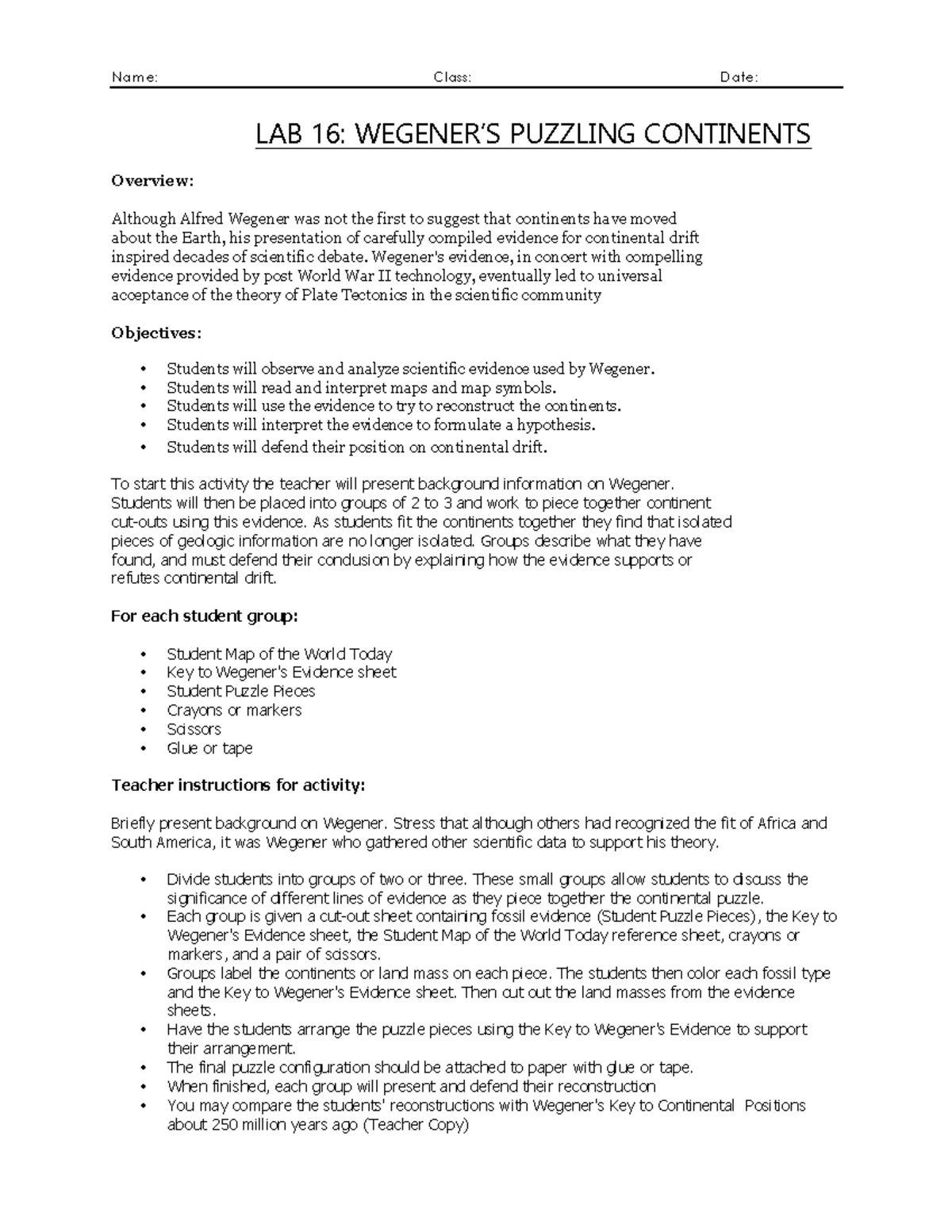 1-Pangaea lab activity 2016 - LAB 16: WEGENER’S PUZZLING CONTINENTS ...
