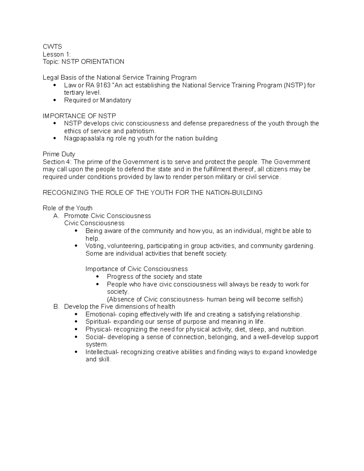 NSTP-CWTS GENERAL EDUCATION - CWTS Lesson 1: Topic: NSTP ORIENTATION ...