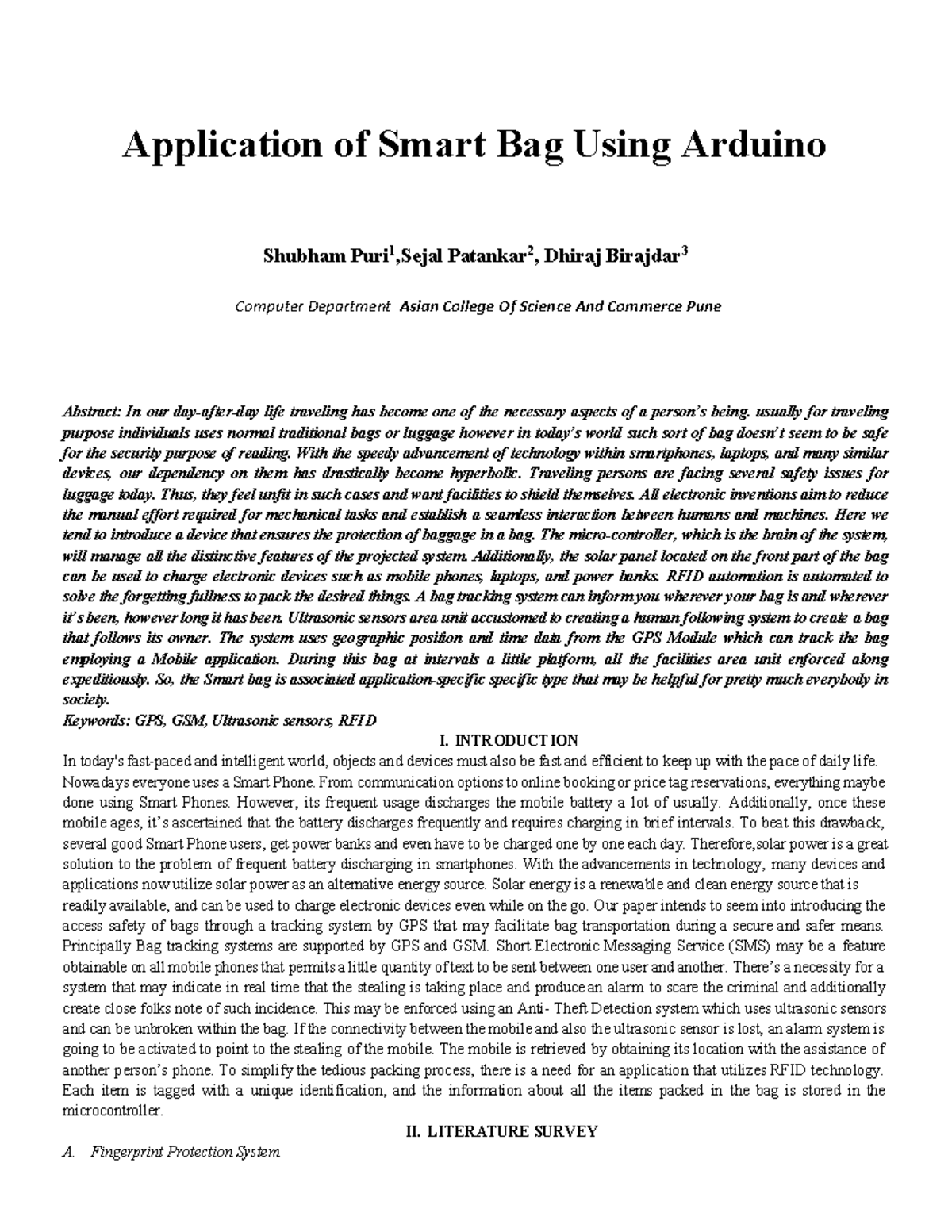 Smart bag rp removed - Iot - Application of Smart Bag Using Arduino Shubham Puri 1 ,Sejal ...