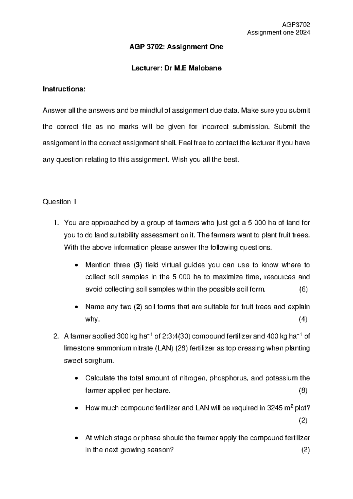 AGP3702 Assingment ONE 2024 - AGP 3702 Assignment one 2024 AGP 3702 : Assignment One Lecturer ...