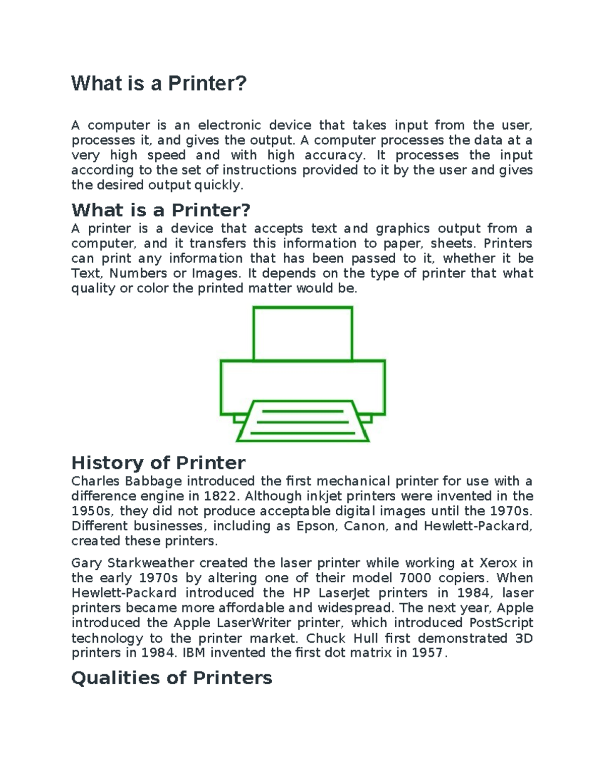 Computer Printers AND Memory - What is a Printer? A computer is an ...