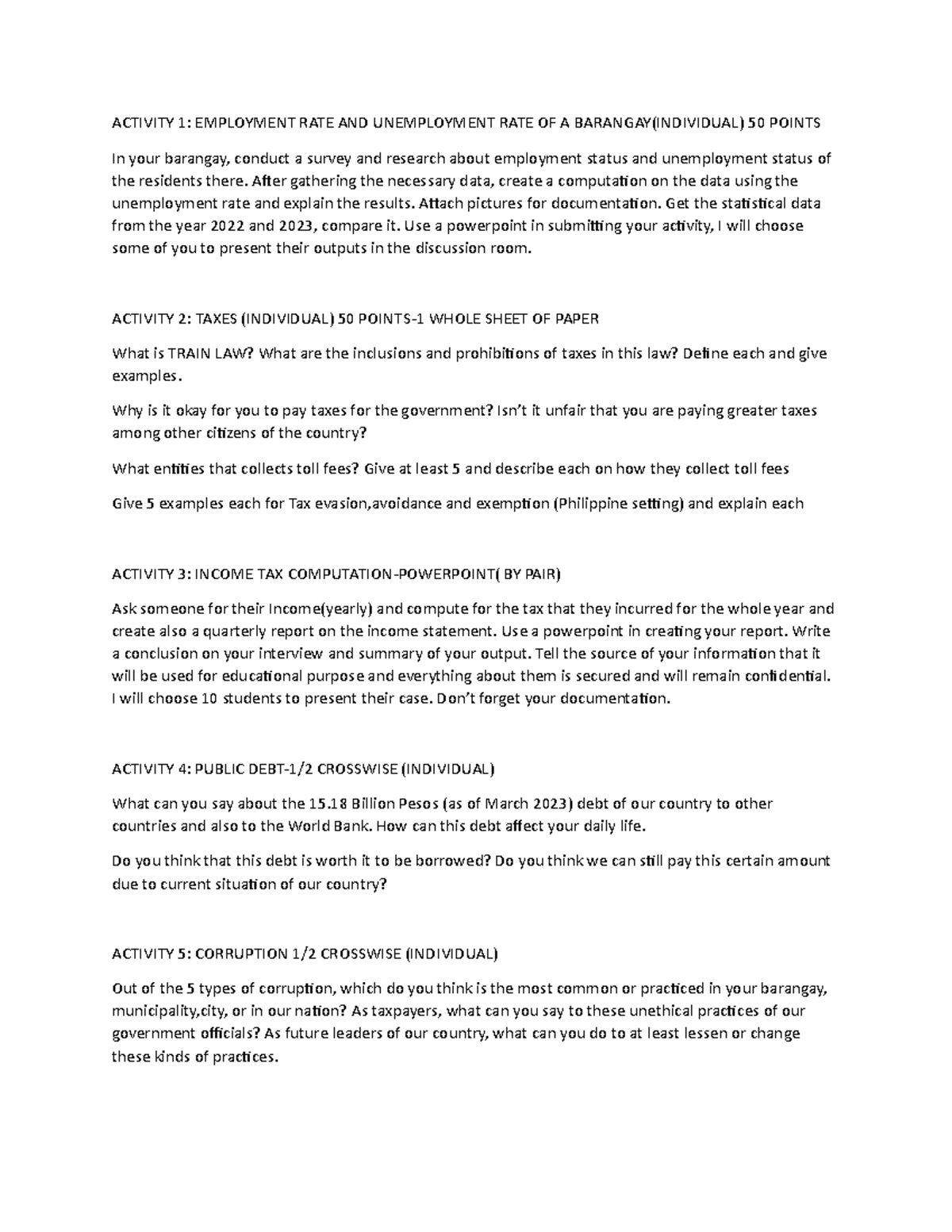 Final- Activities - assesment - ACTIVITY 1: EMPLOYMENT RATE AND UNEMPLOYMENT RATE OF A - Studocu