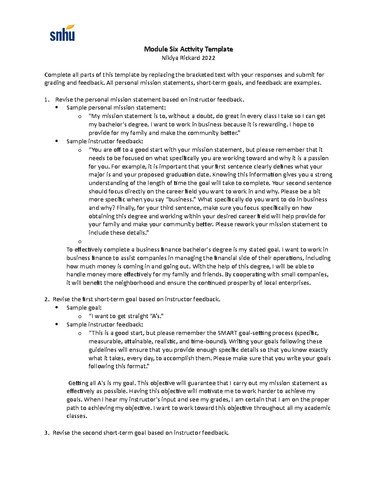 Module Six Activity Template - All personal mission statements, goals ...