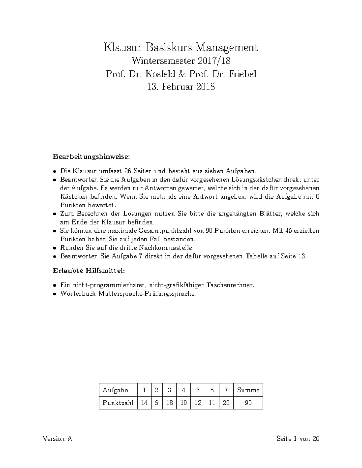 Klausur Wintersemester 2017/2018, Fragen und Antworten - Klausur Basiskurs Management ...