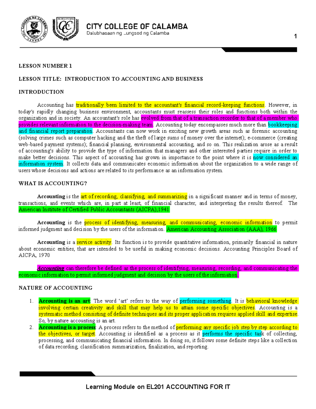 EL201 Accounting Learning Module Lessons 1 - LESSON NUMBER 1 LESSON ...