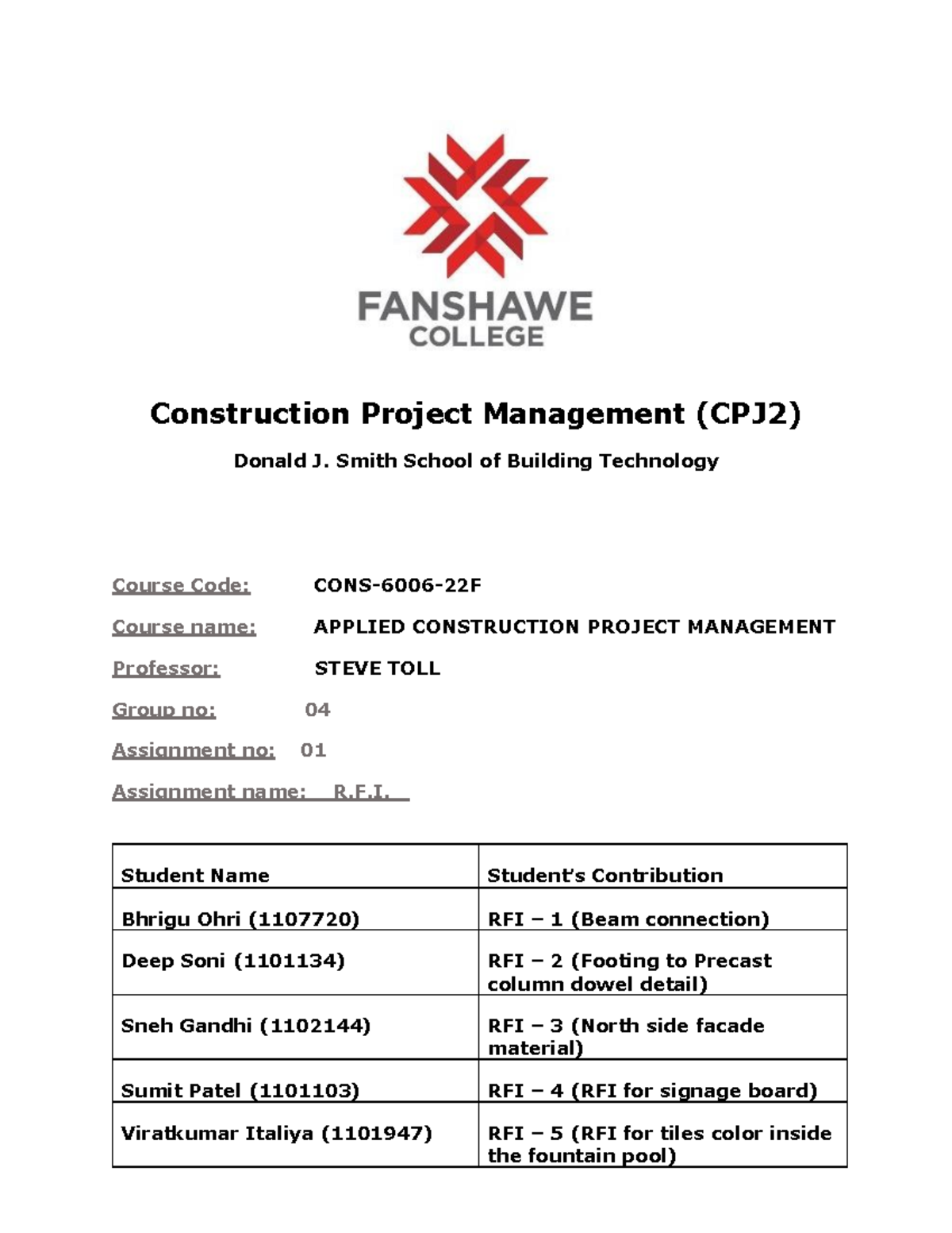Assignment-1 Group-4 - R.F.I - Construction Project Management (CPJ2 ...