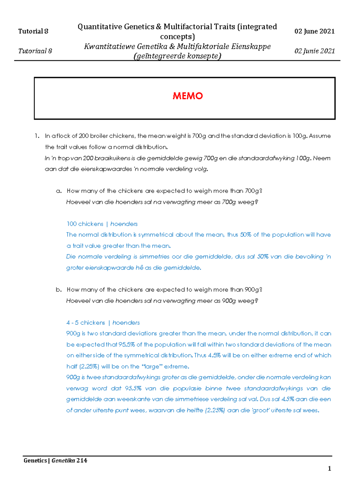 3.0 tut 8 - Tutorial 8 concepts) 02 June 2021 Tutoriaal 8 Kwantitatiewe Genetika & - Studocu