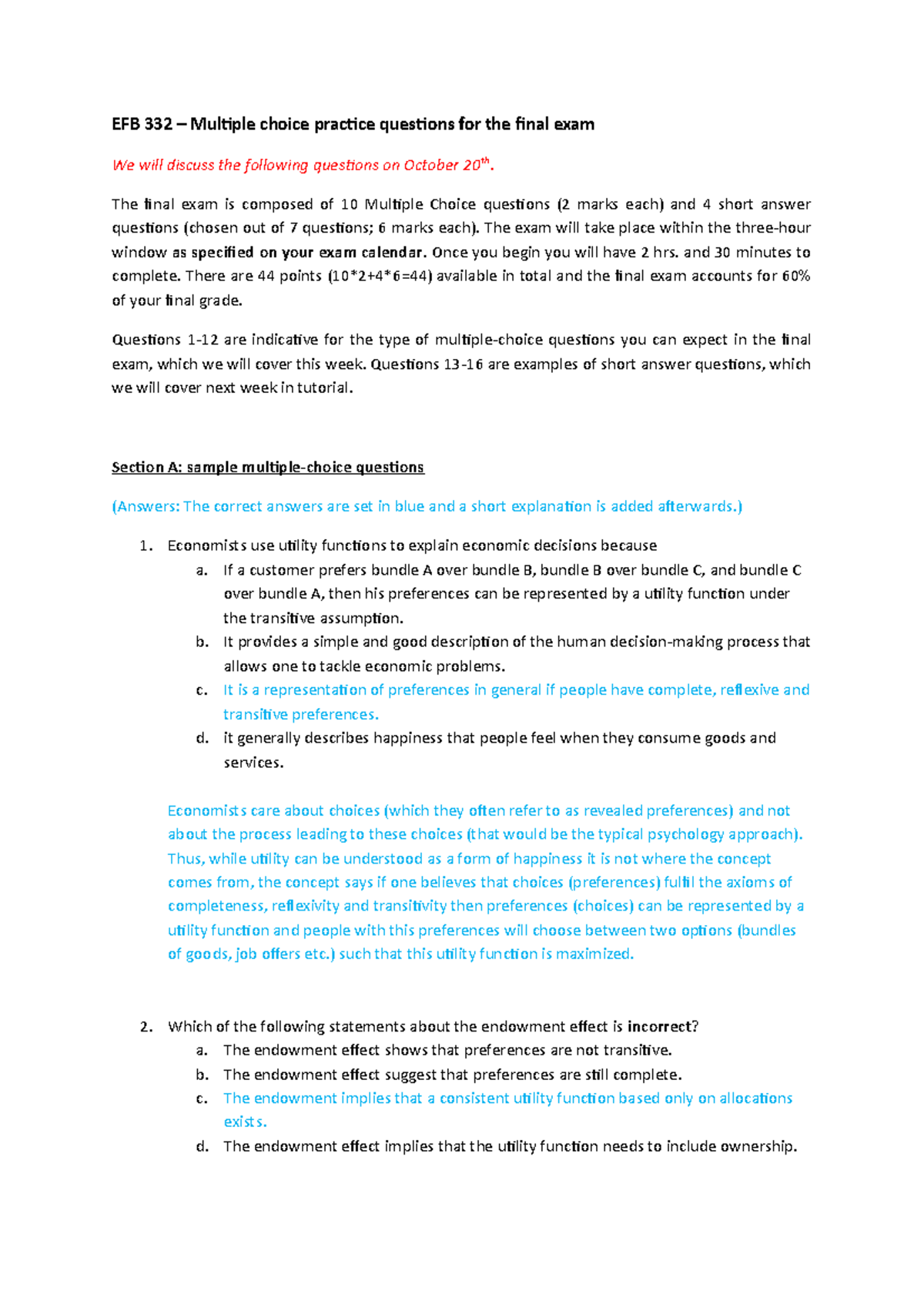 Tutorial questions Sample Exam MCQ Answers - EFB 332 – Multiple choice practice questions for ...