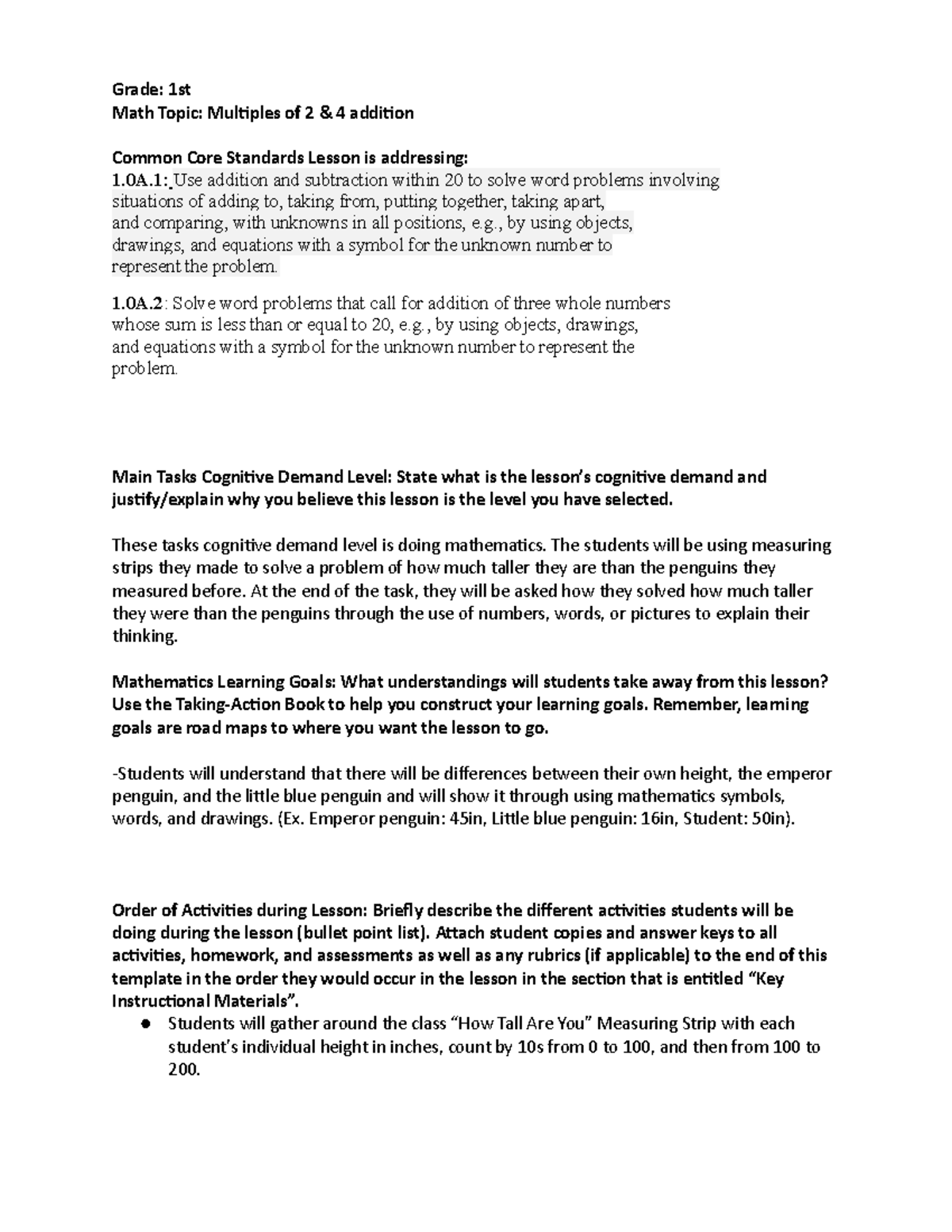 Lesson plan Template for Ambitious Teaching of Mathematics - Grade: 1st ...