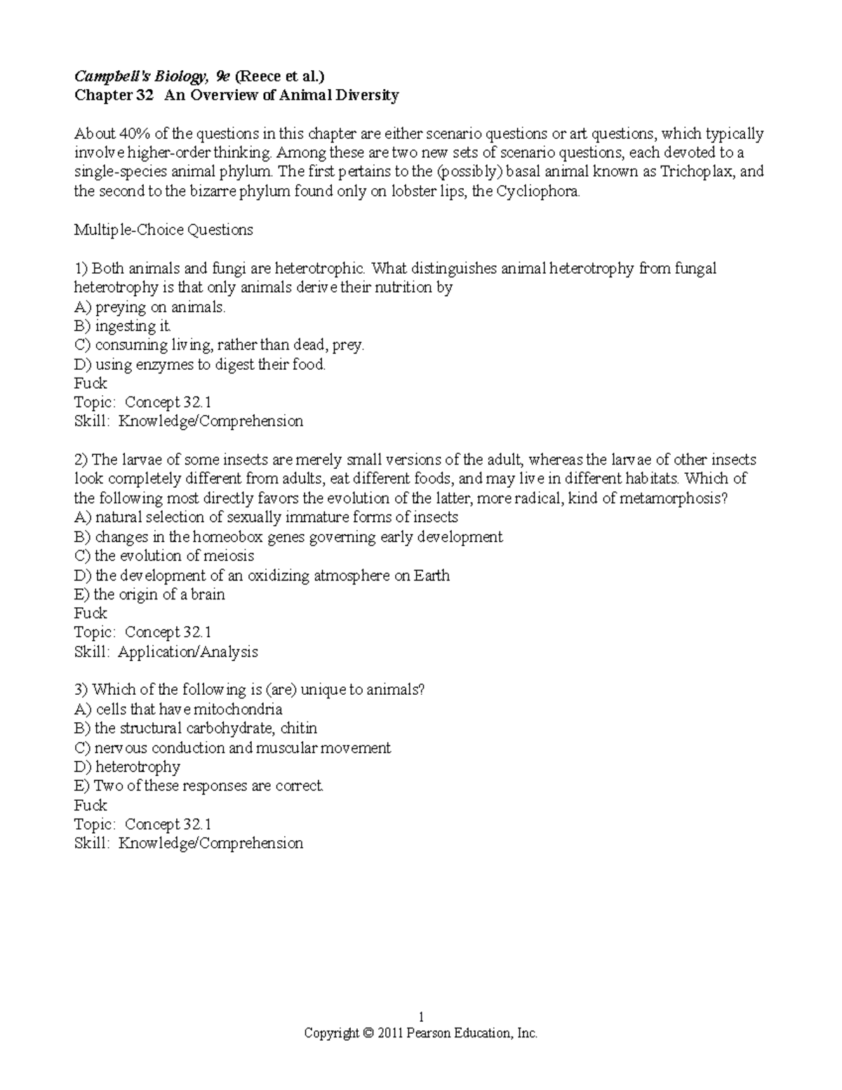 Chapter 32 An Overview of Animal Diversity - Campbell's Biology, 9e ...