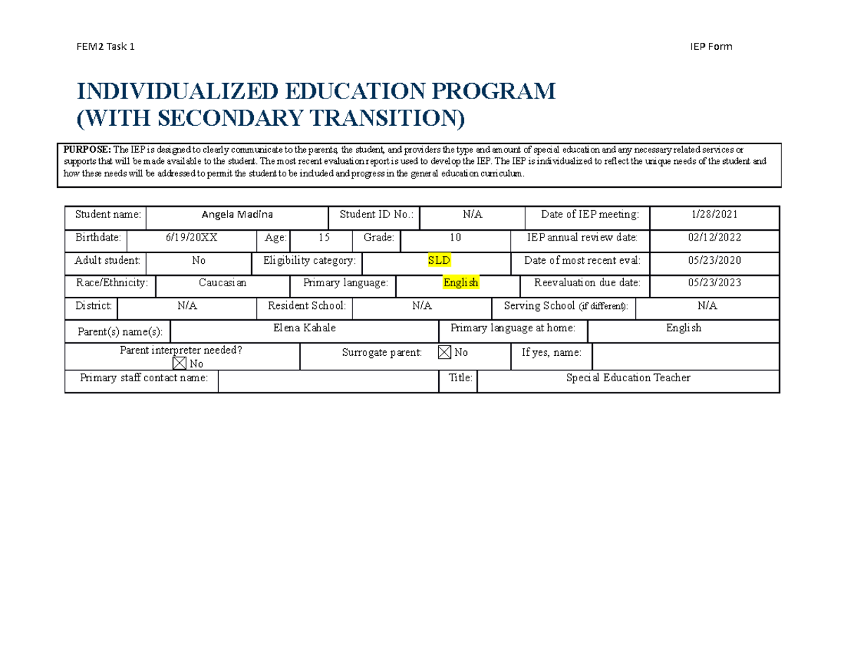 IEP Task 1 - IEP Task 1 - INDIVIDUALIZED EDUCATION PROGRAM (WITH ...