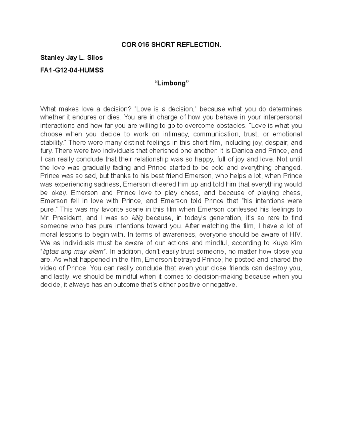 Short reflection - COR 016 SHORT REFLECTION. Stanley Jay L. Silos FA1 ...