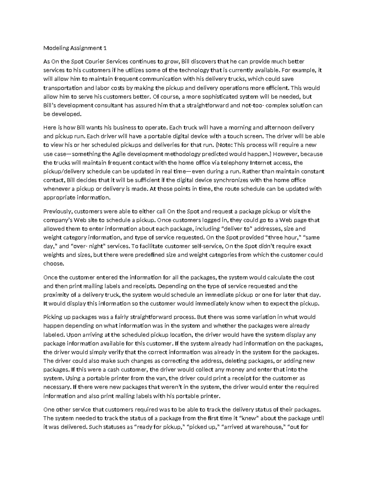 Modeling Assignment 1-V2 - Modeling Assignment 1 As On the Spot Courier ...
