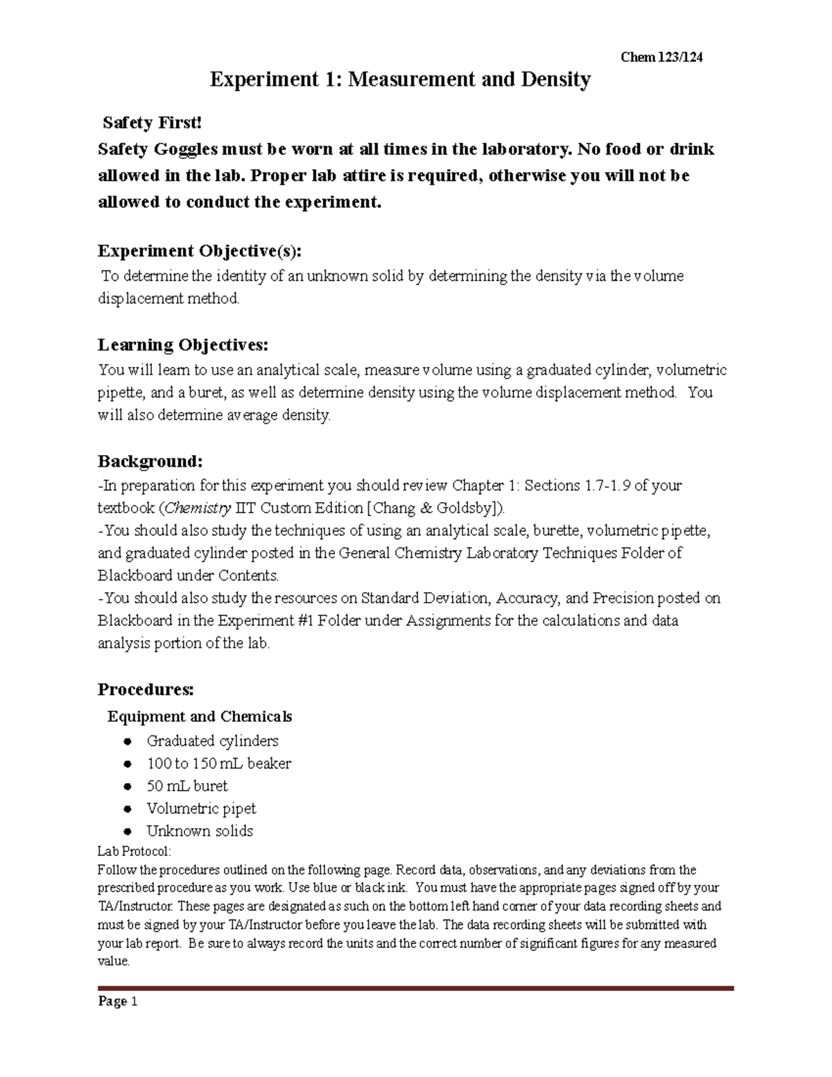 Exp. 1 - Measurement and Density.docx - Chem 123/ Experiment 1 ...