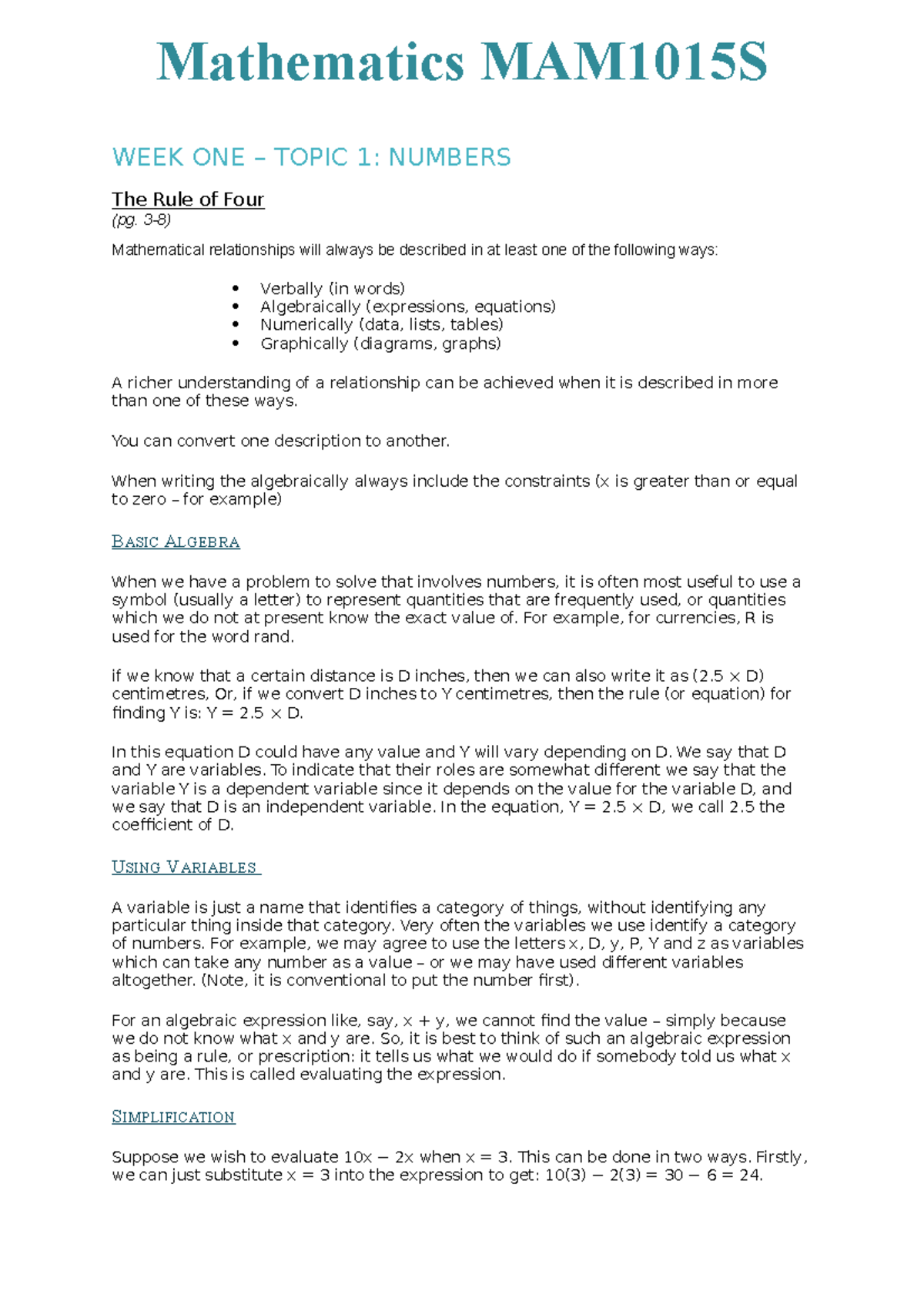 MAM1015S - Notes for the introduction to mathematics course in the ...