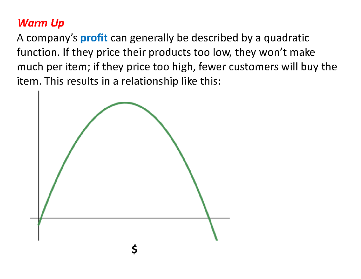06 Standard to Vertex Comp the Sq PROJ - Warm Up A company’s profit can ...