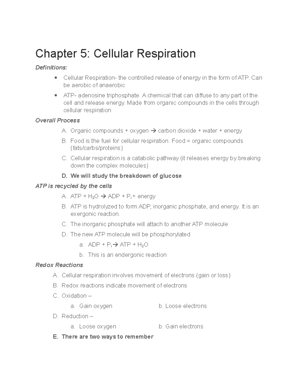 Chapter 5 Cellular Respiration - Chapter 5: Cellular Respiration ...