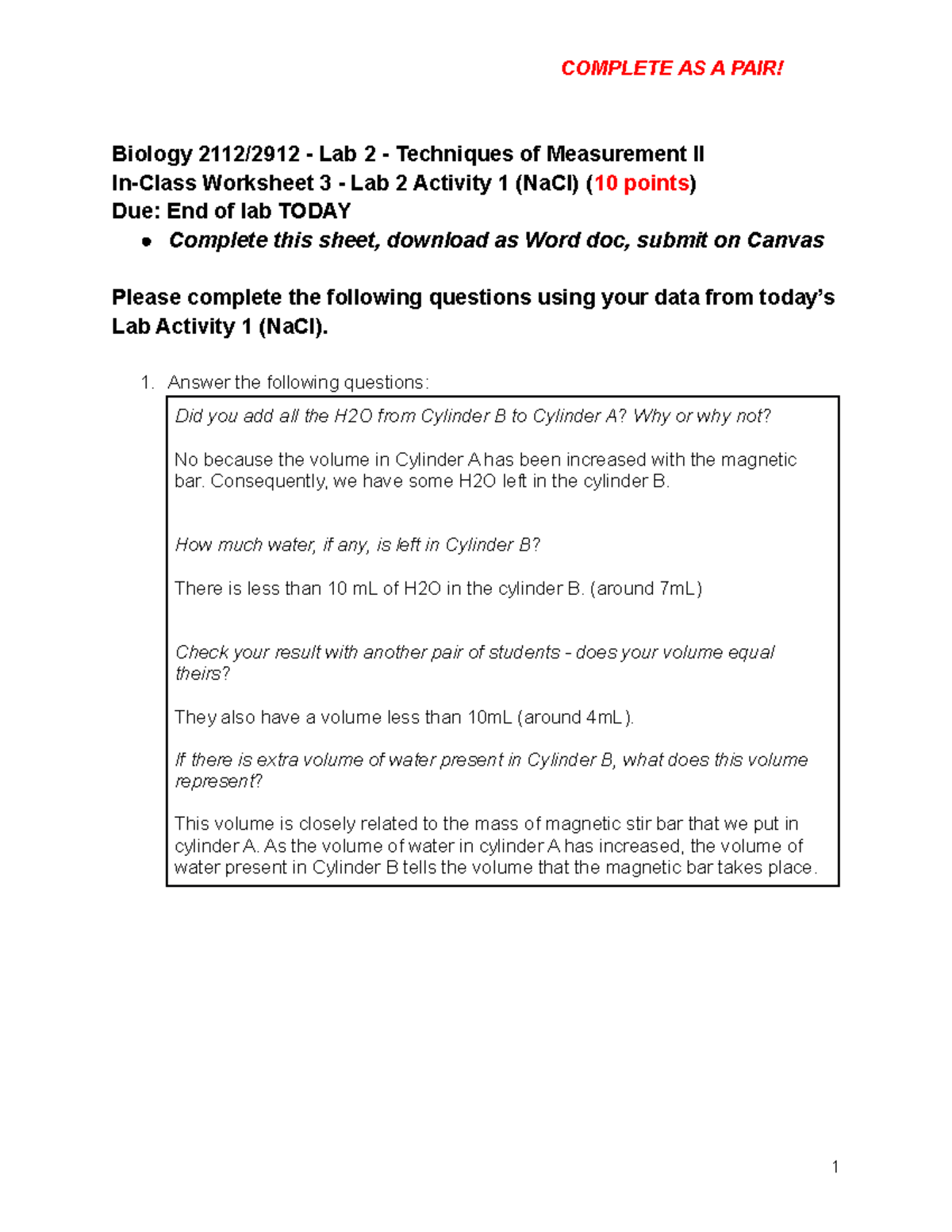 In-Class Worksheet 3 - Lab 2 Activity 1 Na Cl-1 - Biology 2112/2912 - Lab 2 - Techniques of ...
