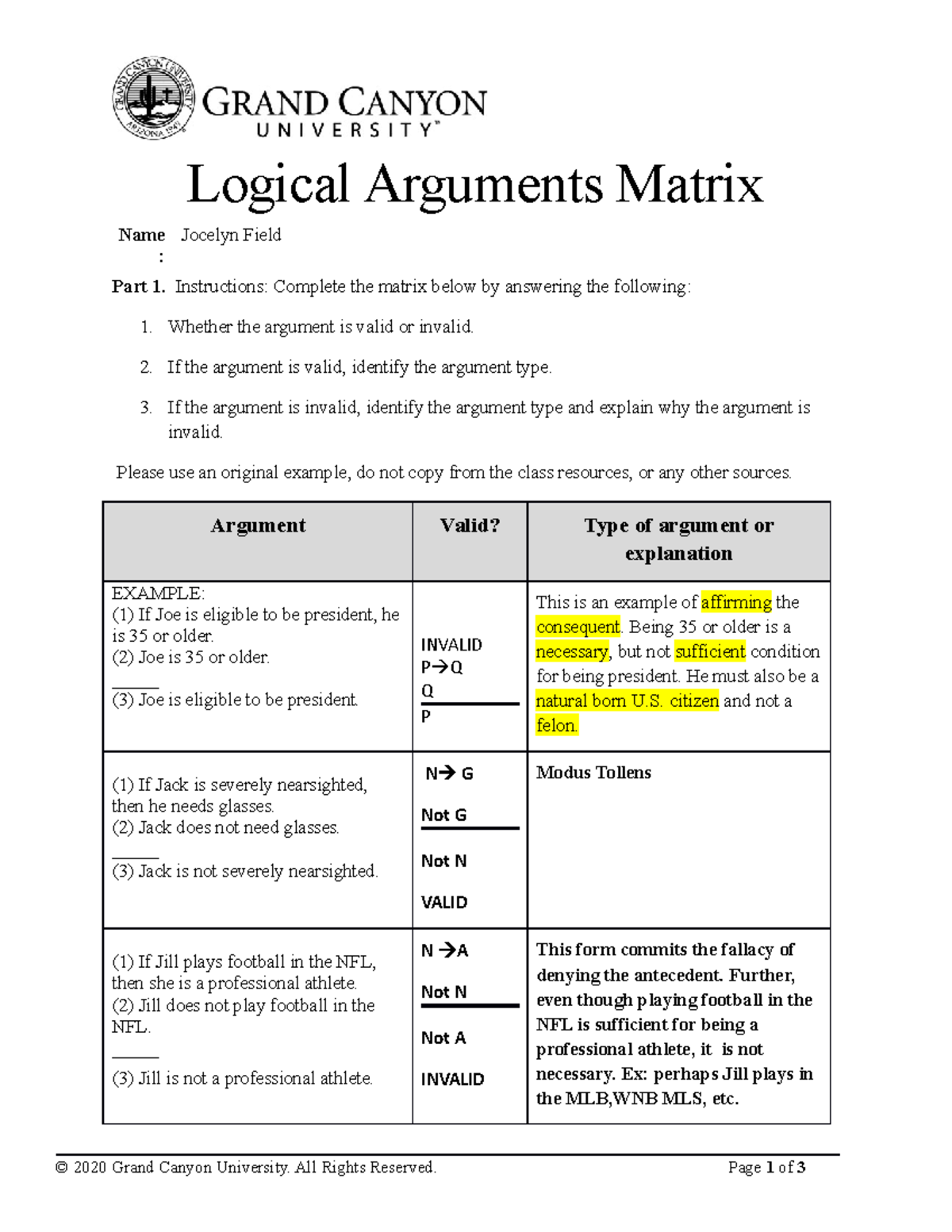 Logical Arguments Matrix - PHI-103 - GCU - Studocu