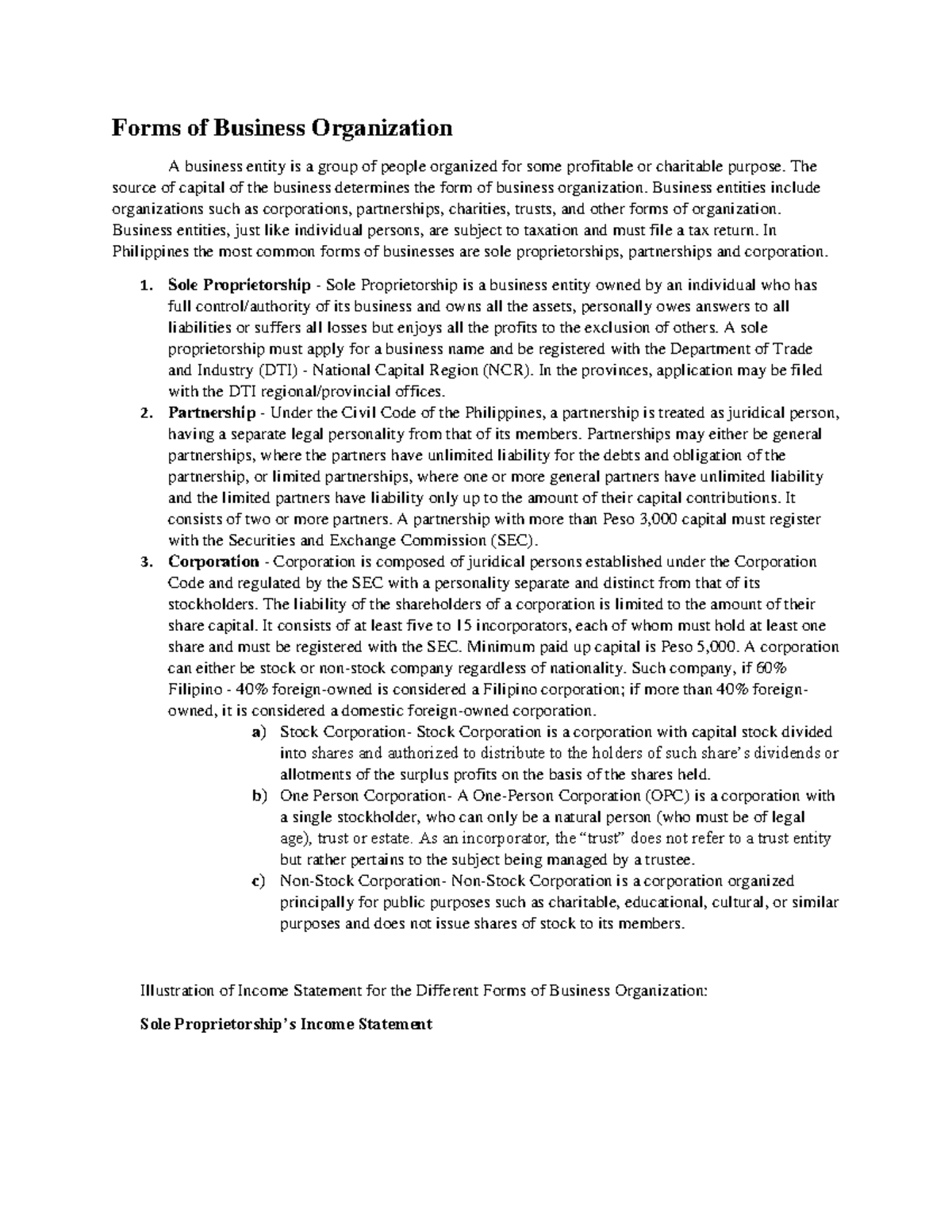 Forms Of Business Organization And Types Of Business Activity Forms