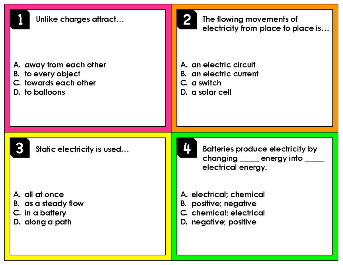 Electricity and Magnetism Task Cards - 1 2 3 4 Unlike charges attract ...