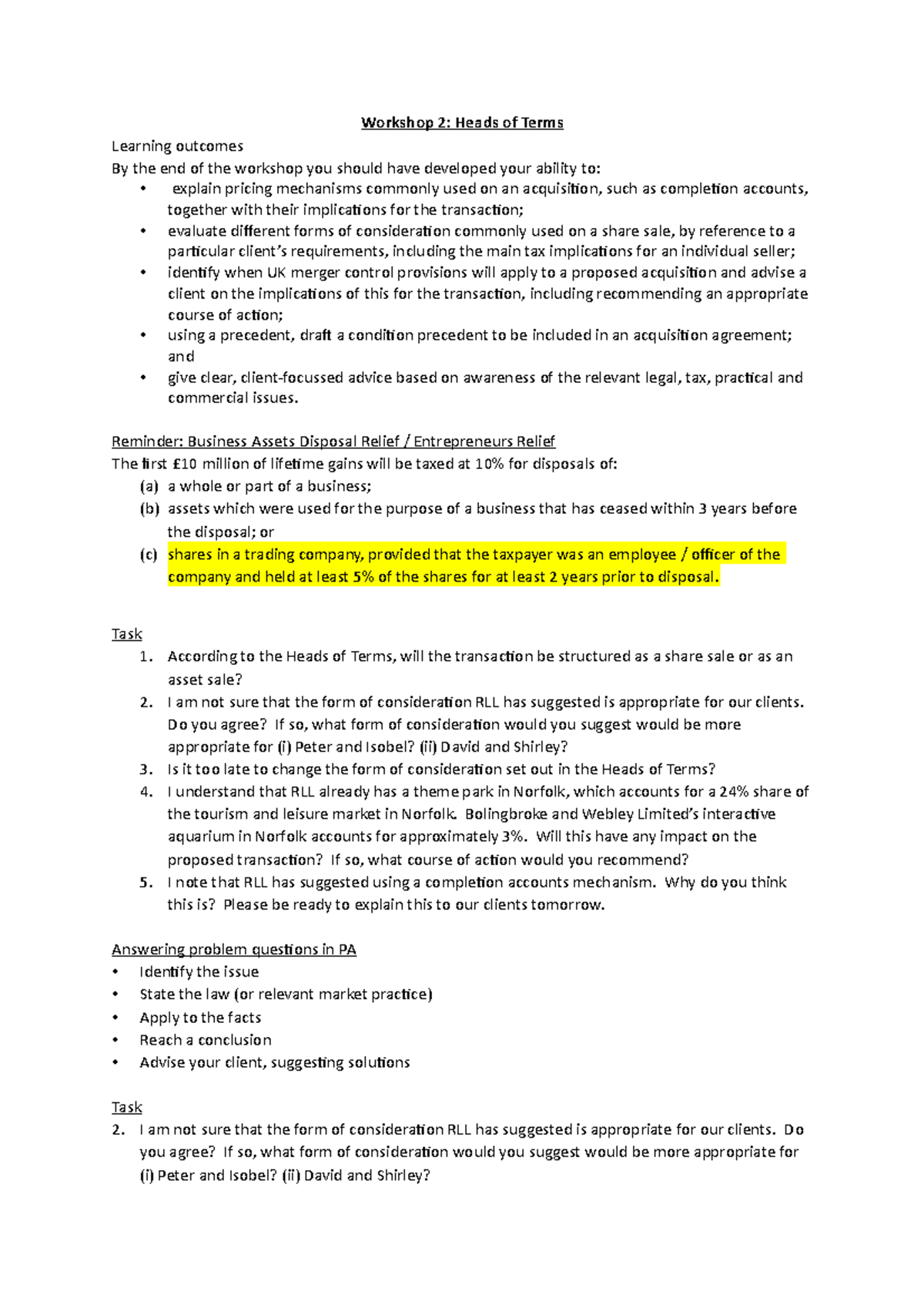 Workshop 2 Heads of Terms - Notes - Workshop 2: Heads of Terms Learning ...