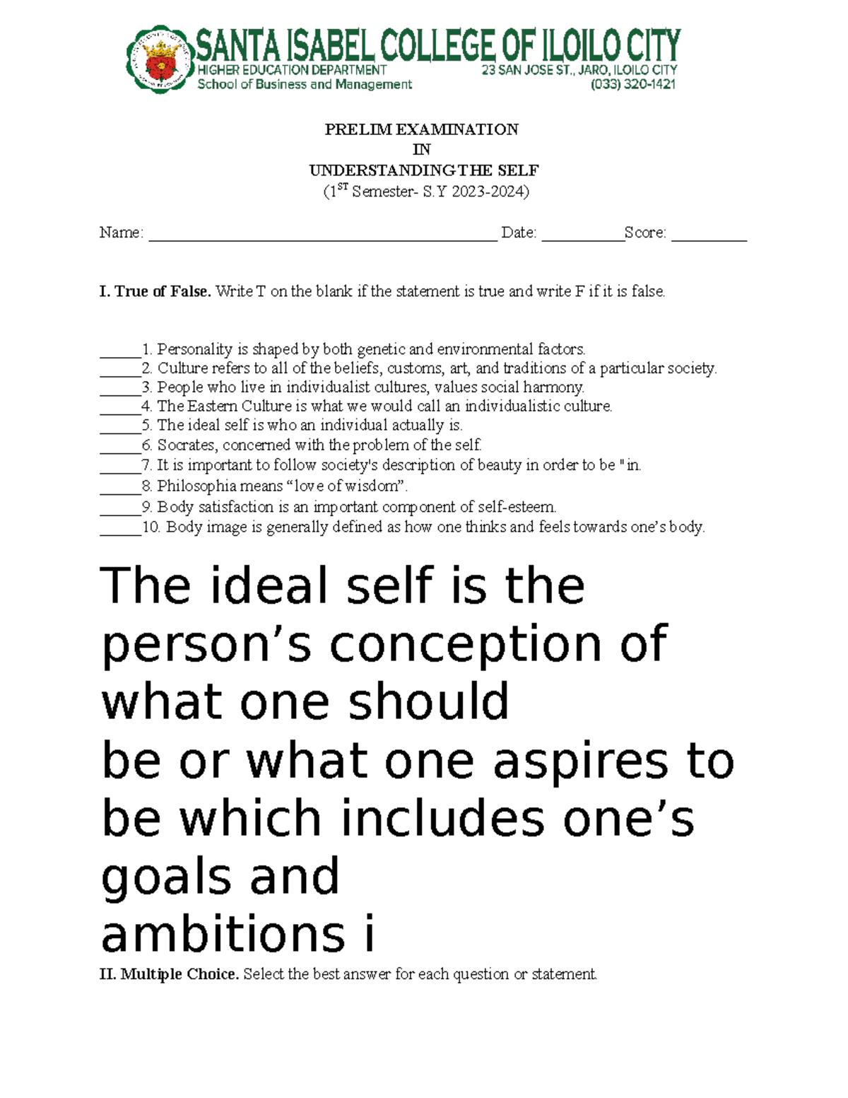 Prelim Examination IN GE1 1ST SEM 2023 2024 - PRELIM EXAMINATION IN ...