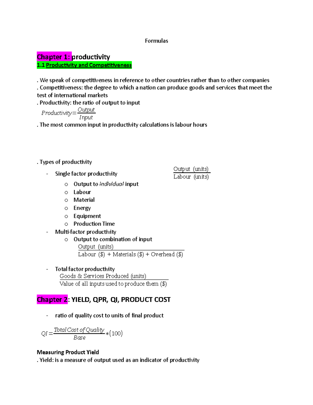 Operations 1 - Formulas Chapter 1: productivity 1 and Competitiveness ...