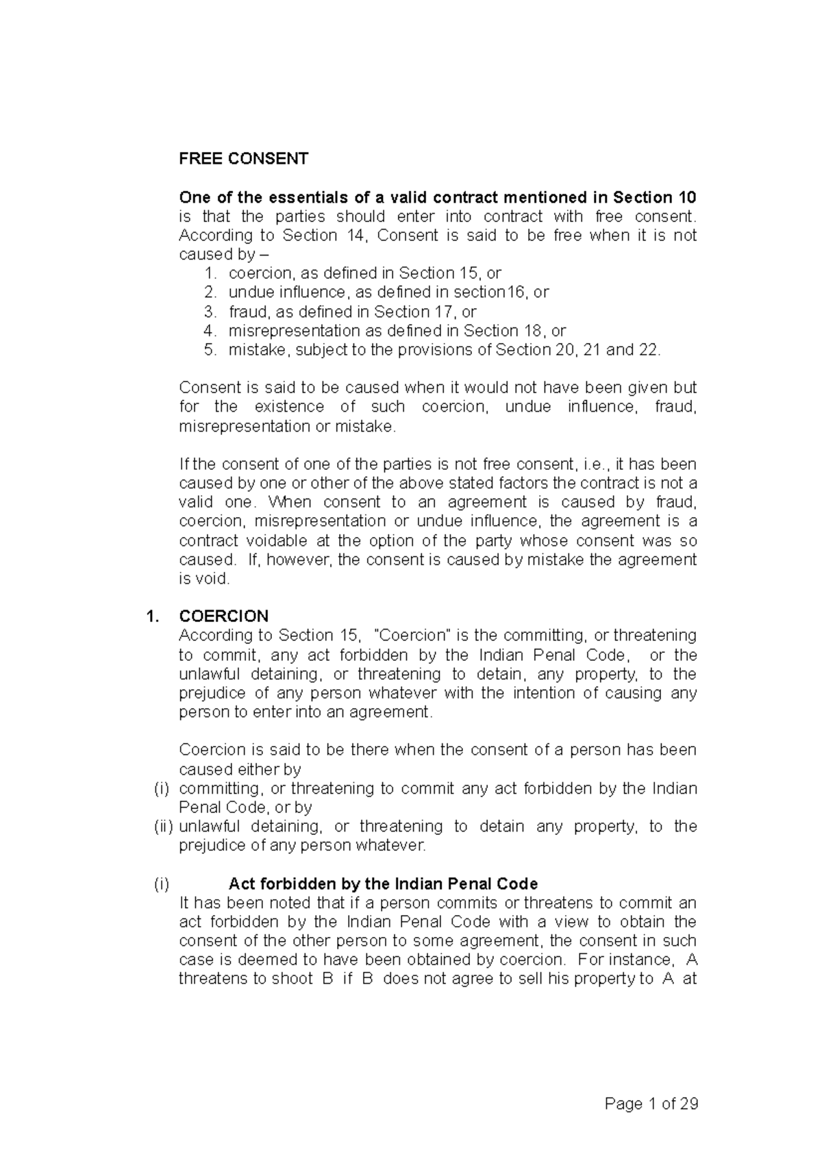 Free-consent - Notes for free consent - FREE CONSENT One of the ...