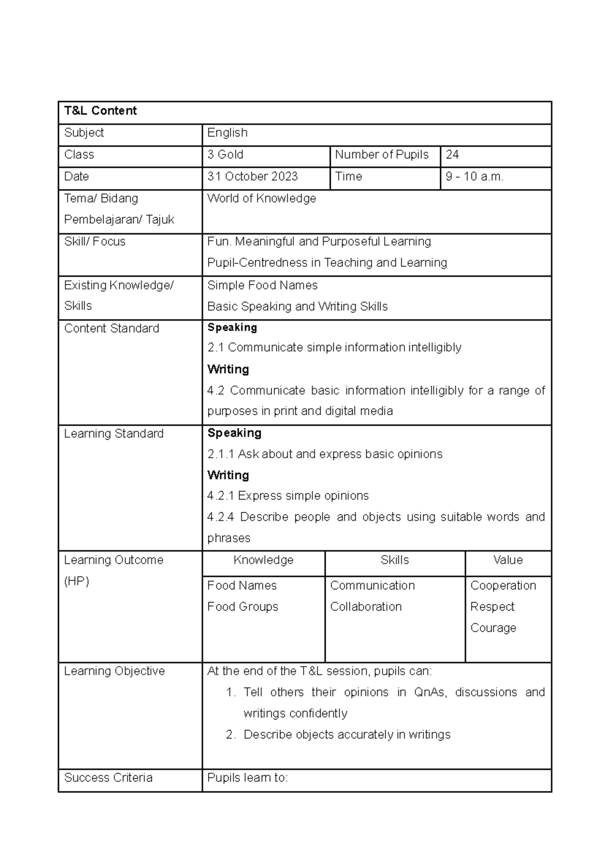 YEAR 3 ENGLISH TS25 LESSON PLAN - T&L Content Subject English Class 3 ...