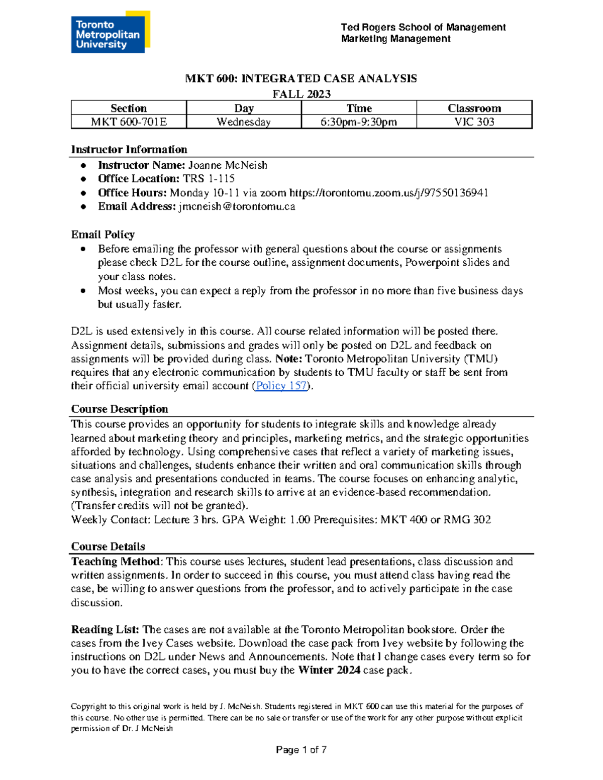 MKT600 Course Outline Winter 2024 Revised Feb 6 - Ted Rogers School of ...