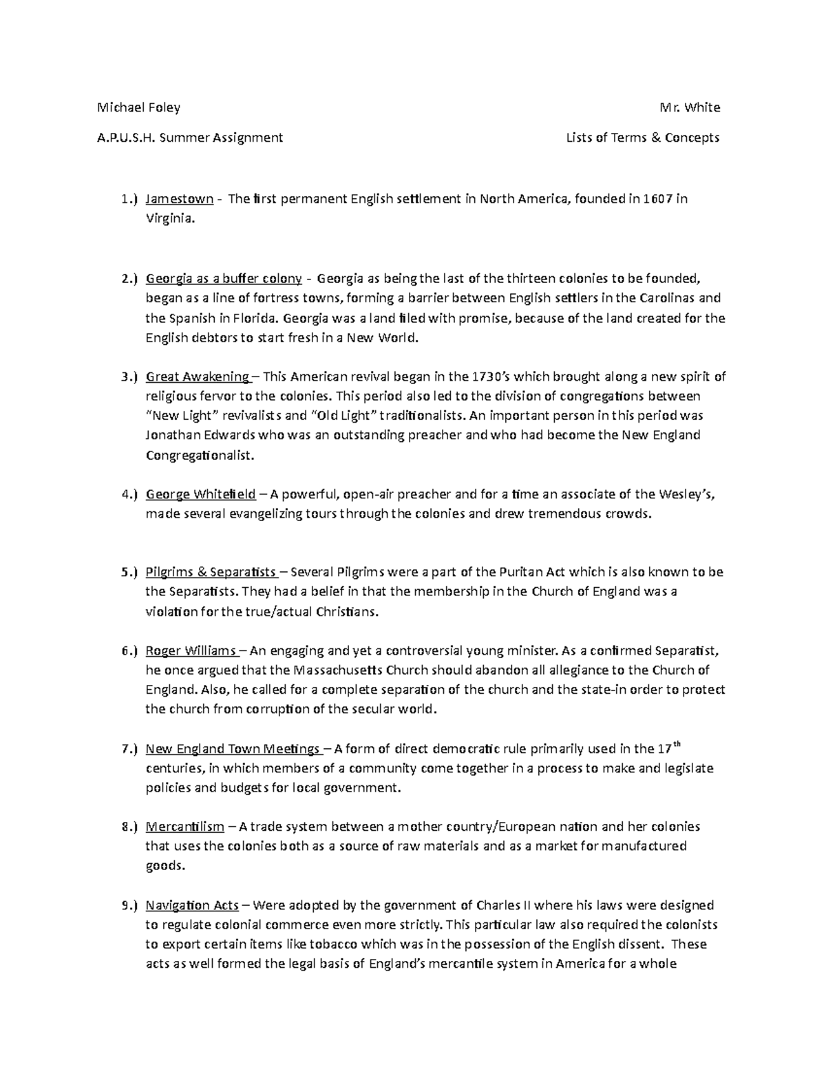 Michael Foley - Apush Summer Assignment - Michael Foley Mr. White A.P.U ...
