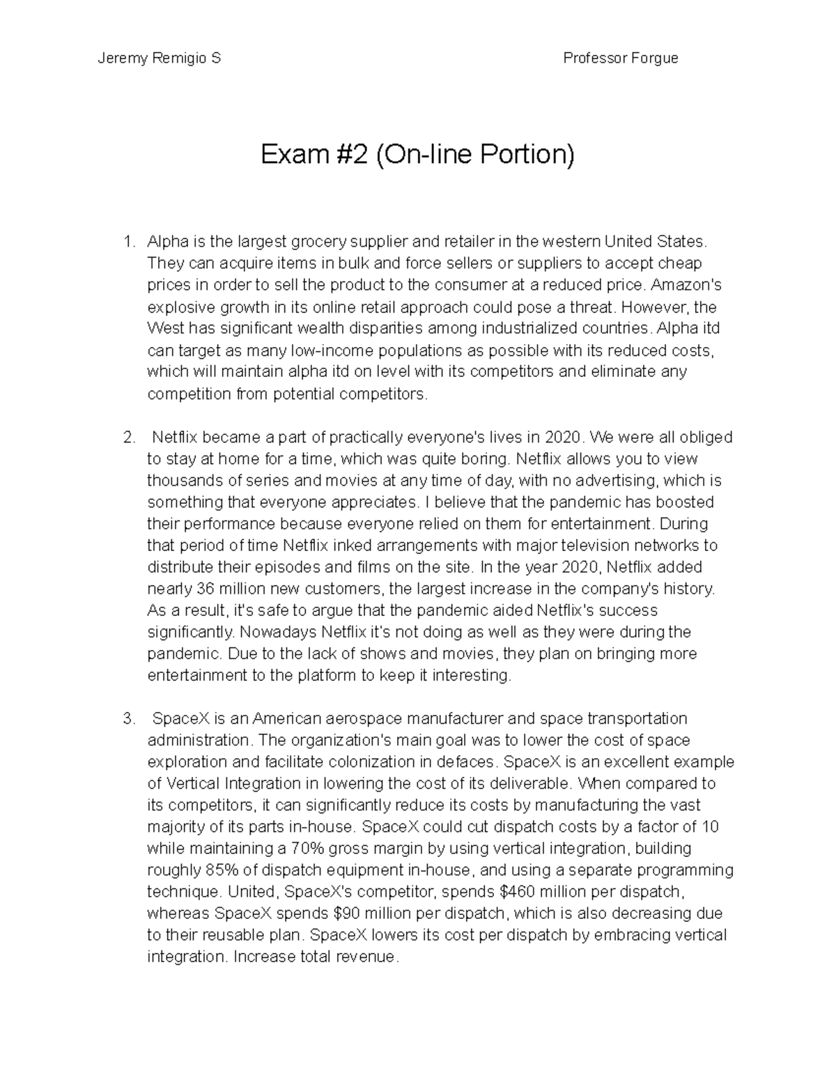 Exam #2 (On-line Portion) - Jeremy Remigio S Professor Forgue Exam #2 ...