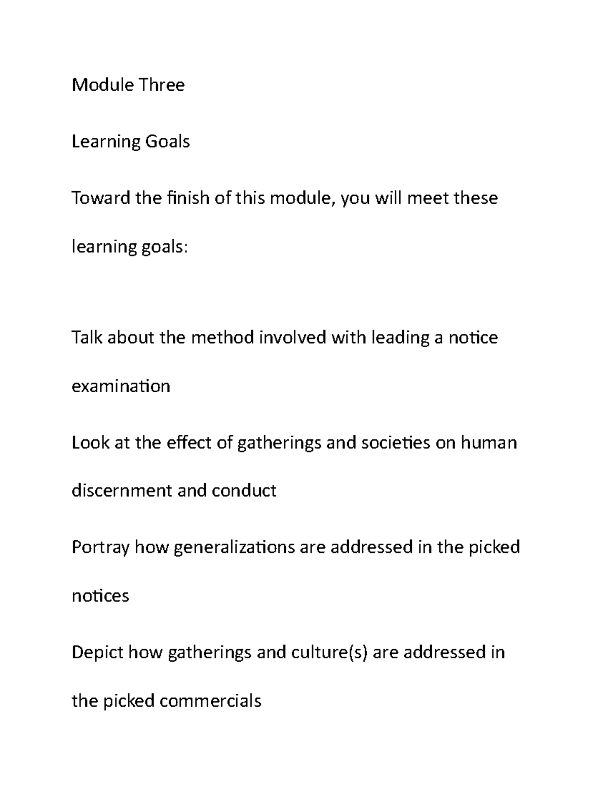 Learning Goals - Module Three Learning Goals Toward the finish of this ...