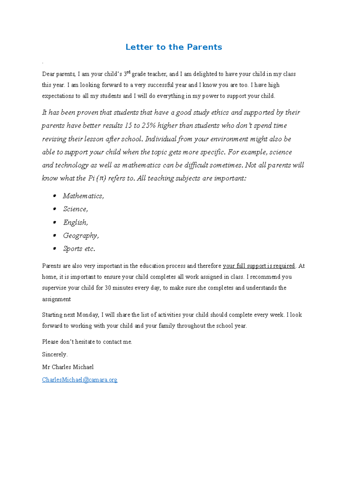 Doc1 - Letter to the Parents . Dear parents, I am your child’s 3rd ...