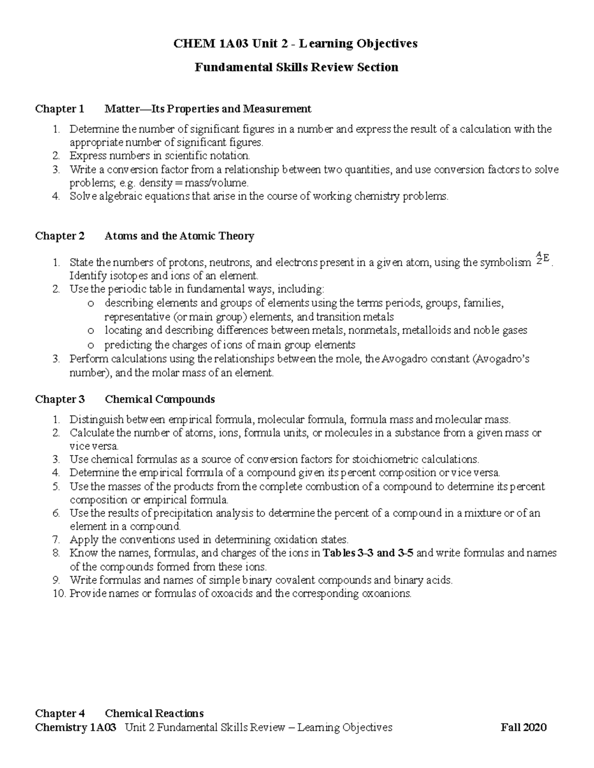 Unit 02 1a03-2020-fundamental skills-learning objectives 1 - CHEM 1A03 ...