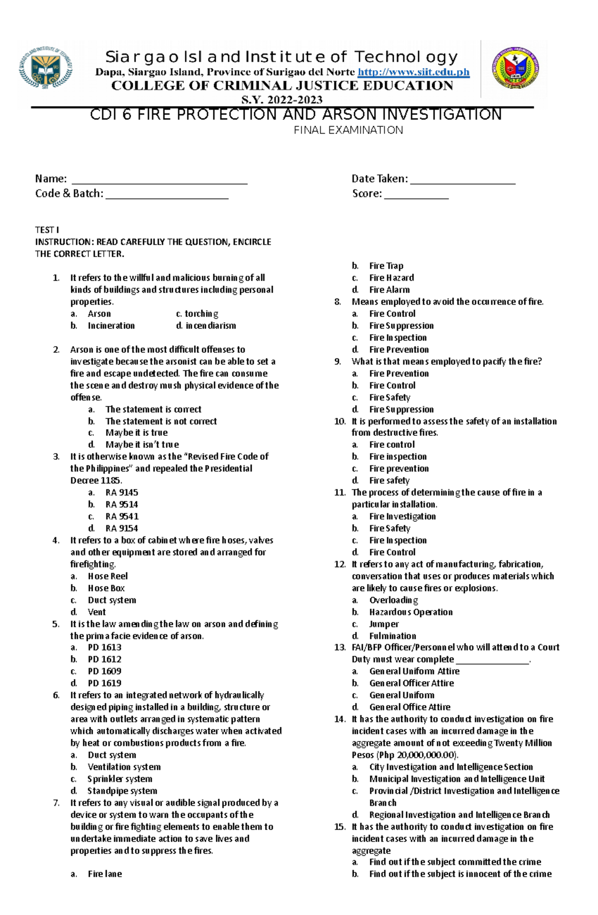 CDI 6 FIRE Protection Final EXAM - Name: ______________________________ Date Taken: - Studocu