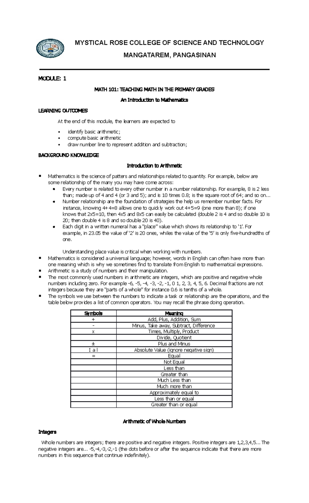 Module 1 Teaching Math - MYSTICAL ROSE COLLEGE OF SCIENCE AND ...