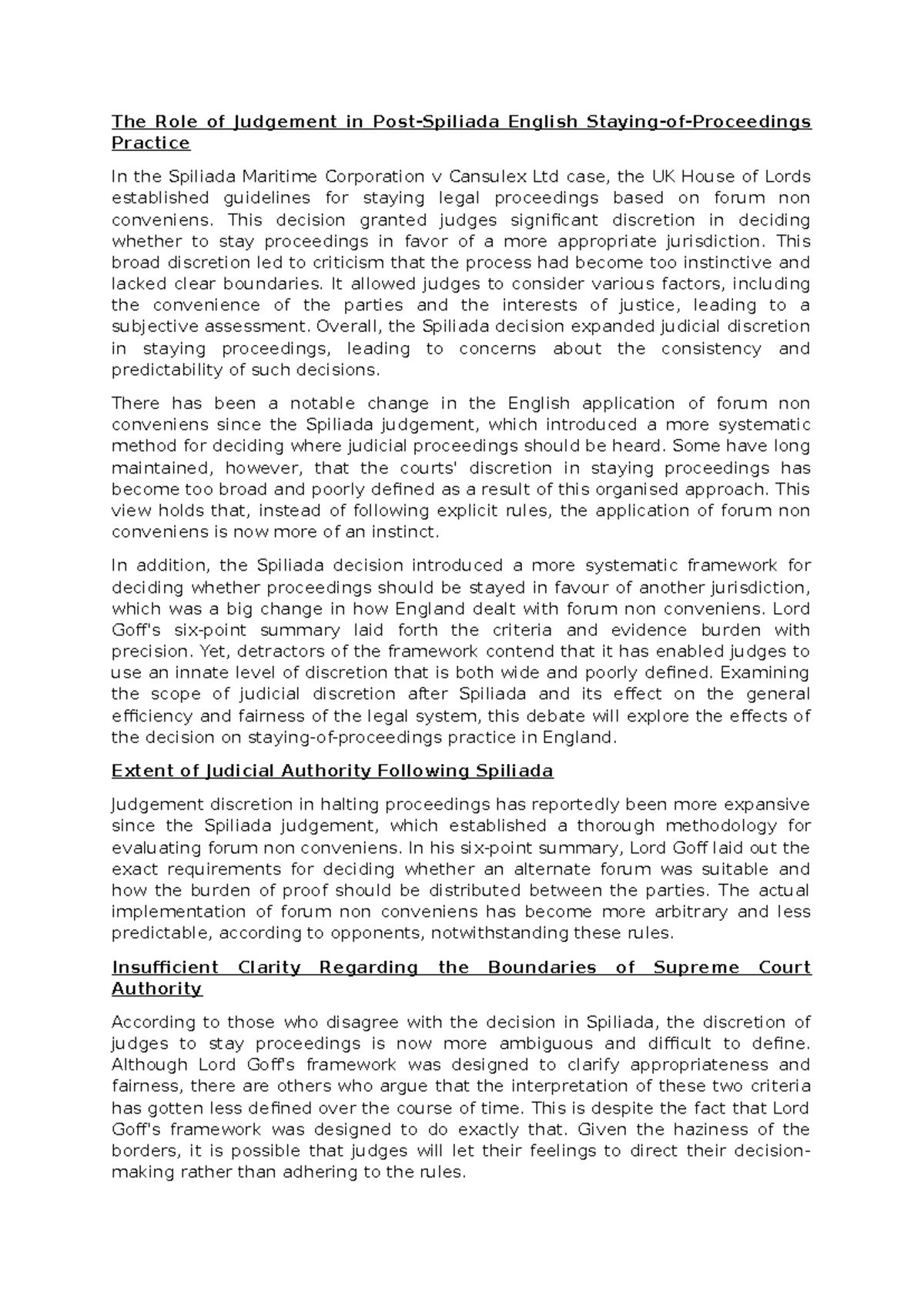 FNC Spiliada - The Role of Judgement in Post-Spiliada English Staying ...