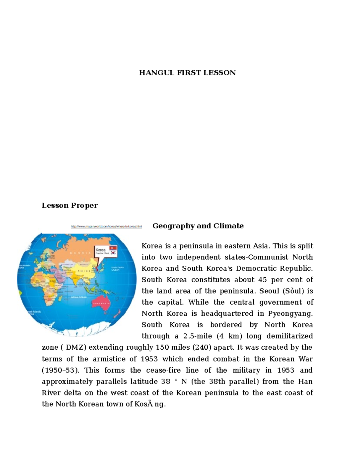 Hangul%20 First%20 Lesson - HANGUL FIRST LESSON Lesson Proper Geography ...