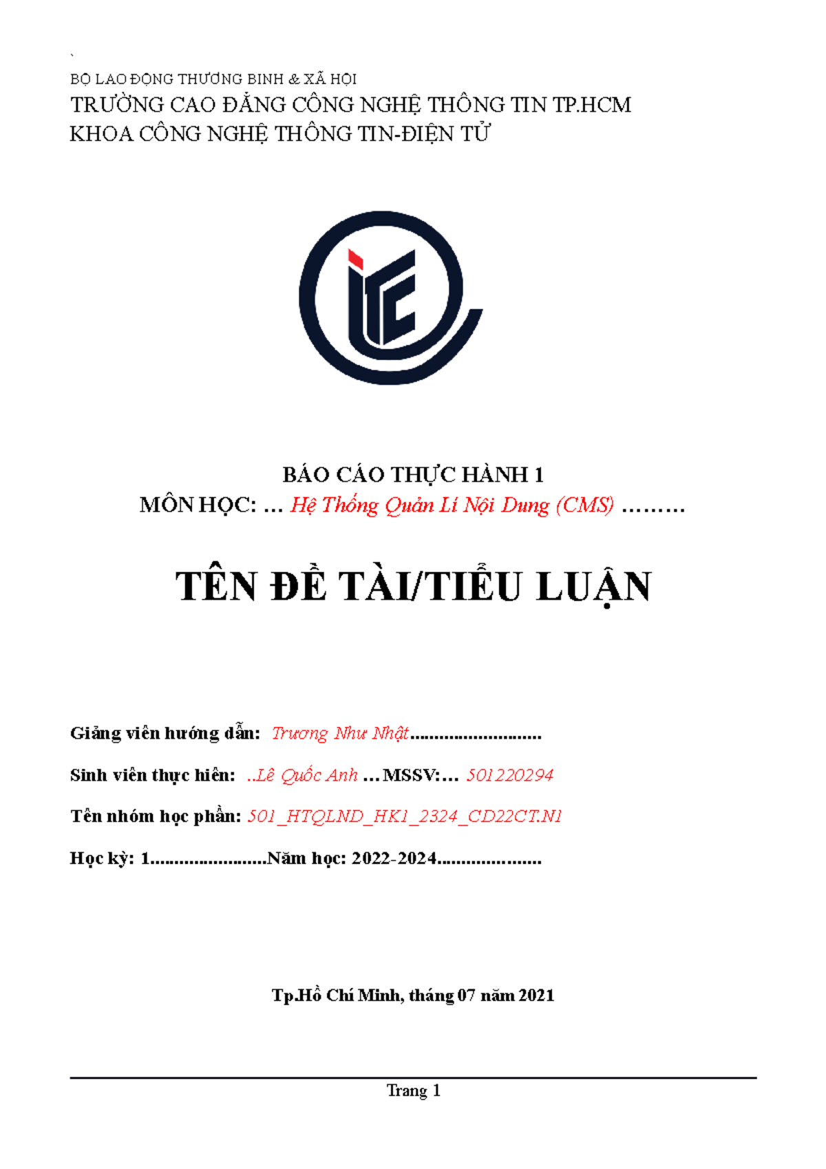 Le Quoc Anh 501220294 - qqqq - BỘ LAO ĐỘNG THƯƠNG BINH & XÃ HỘI TRƯỜNG CAO ĐẲNG CÔNG NGHỆ THÔNG ...