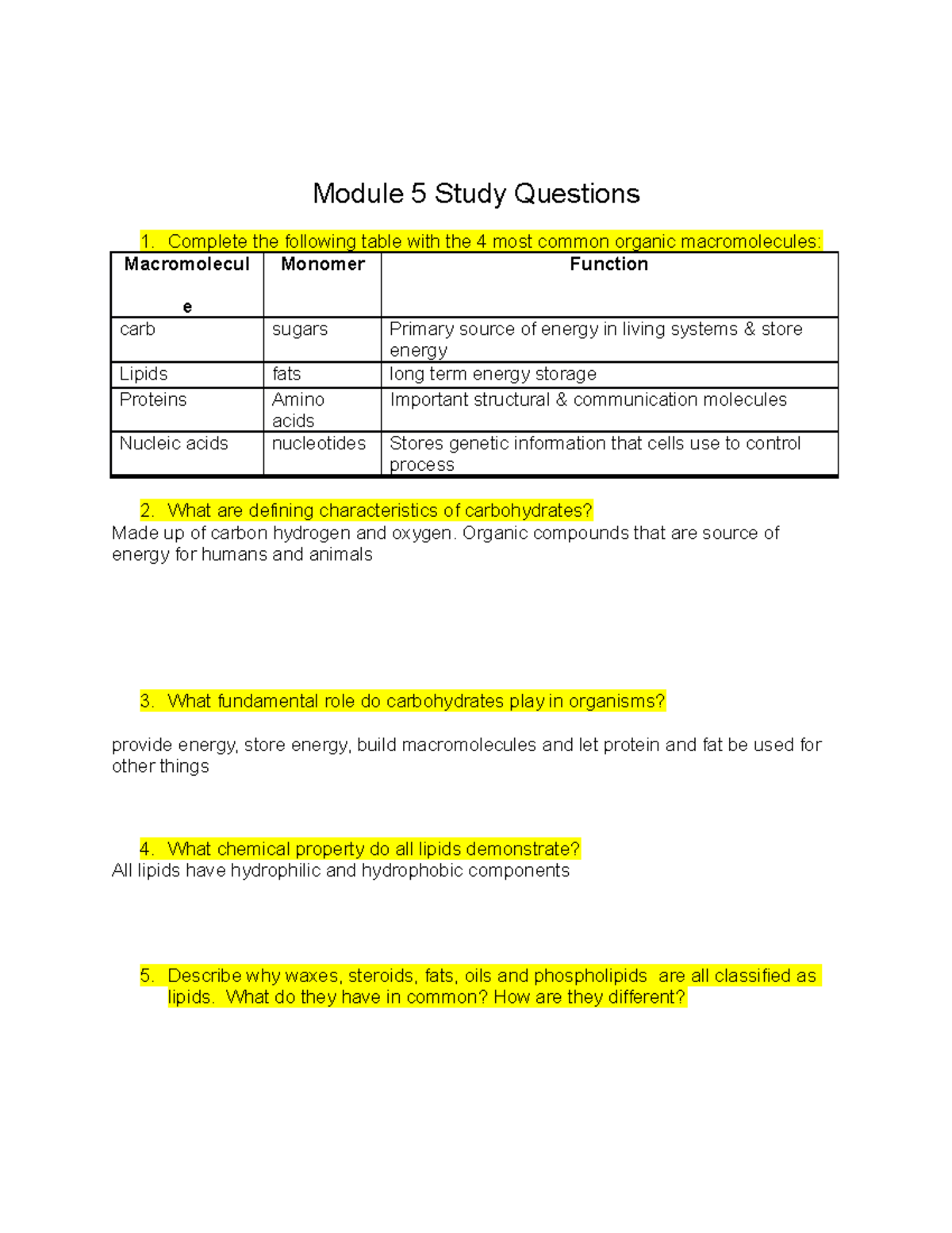 Bio study questions - Module 5 Study Questions Complete the following ...