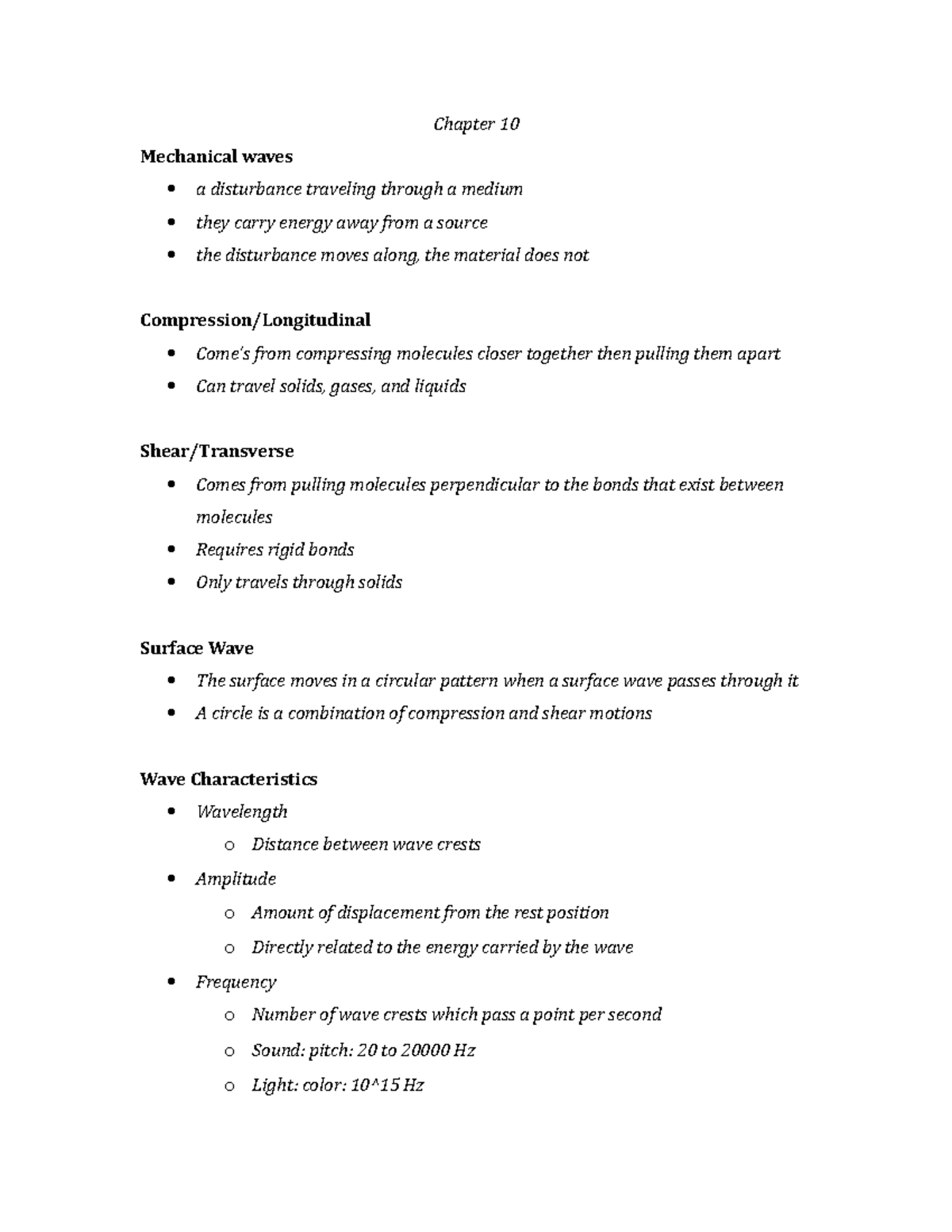 Physical Science Chapter 10 - Chapter 10 Mechanical waves a disturbance ...