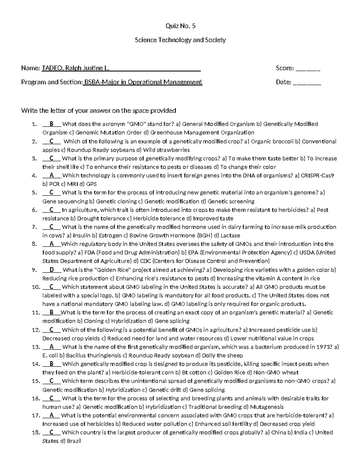 ScienceTechS-Quiz No 5 - Quiz No. 5 Science Technology and Society Name ...