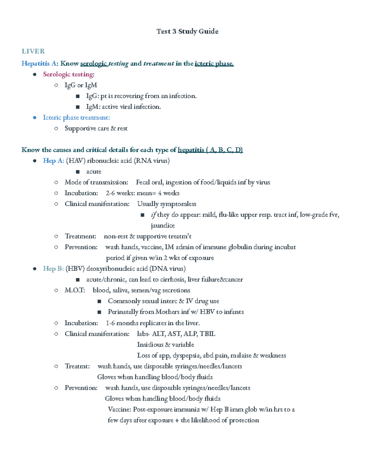 Test 3 Study Guide - Test 3 Study Guide LIVER Hepatitis A: Know ...